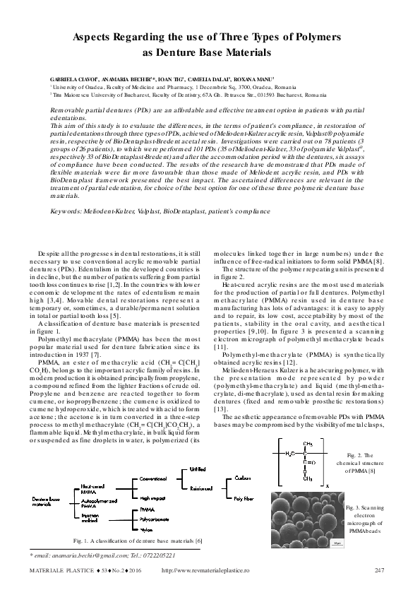 (PDF) Aspects Regarding the use of Three Types of Polymers as Denture Base Materials | Gabriela ...