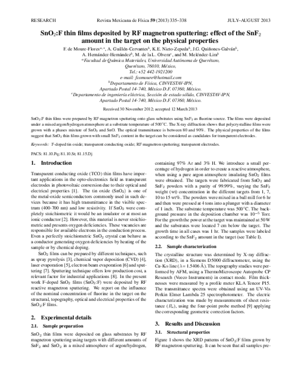 (PDF) SnO2: F thin films deposited by RF magnetron sputtering: effect ...