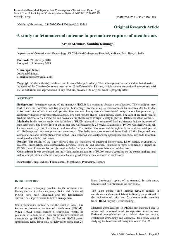 (PDF) A study on fetomaternal outcome in premature rupture of membranes