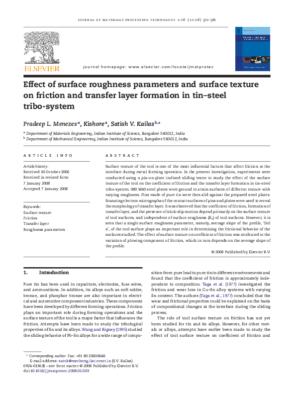 Pdf Effect Of Surface Roughness Parameters And Surface Texture On Friction And Transfer Layer