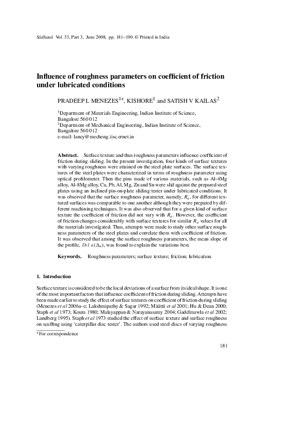 Pdf Influence Of Roughness Parameters On Coefficient Of Friction