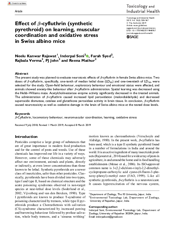 (PDF) Effect of β-cyfluthrin (synthetic pyrethroid) on learning ...