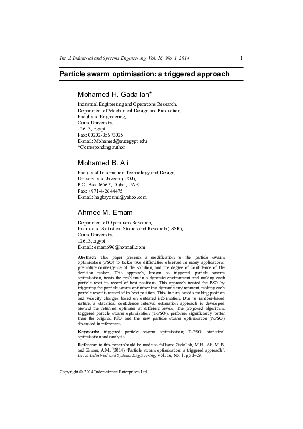 (PDF) Particle swarm optimisation: a triggered approach