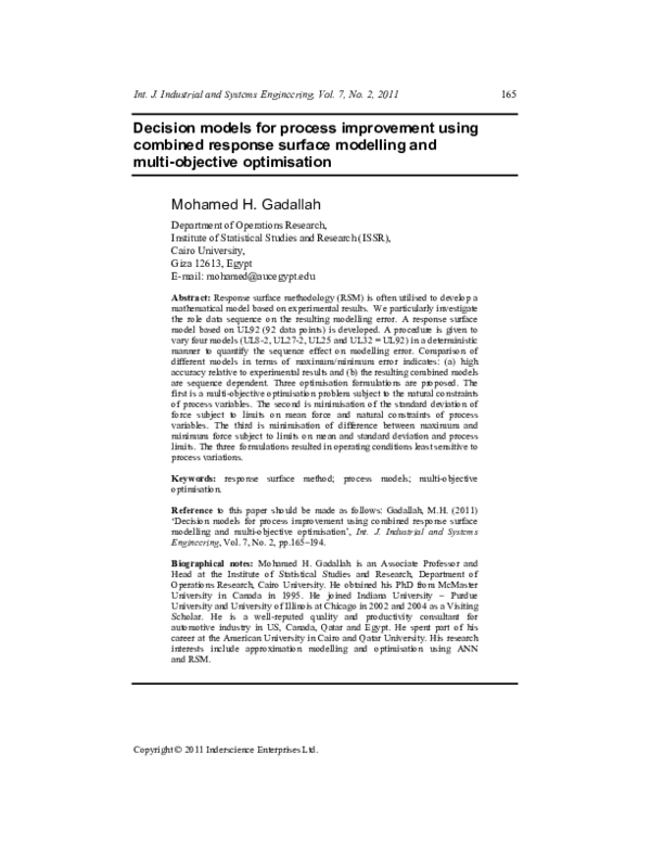 (PDF) Decision models for process improvement using combined response surface modelling and ...