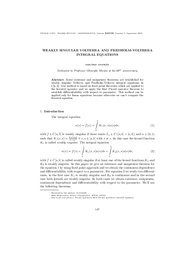 (PDF) Weakly Singular Volterra and Fredholm-Volterra Integral Equations