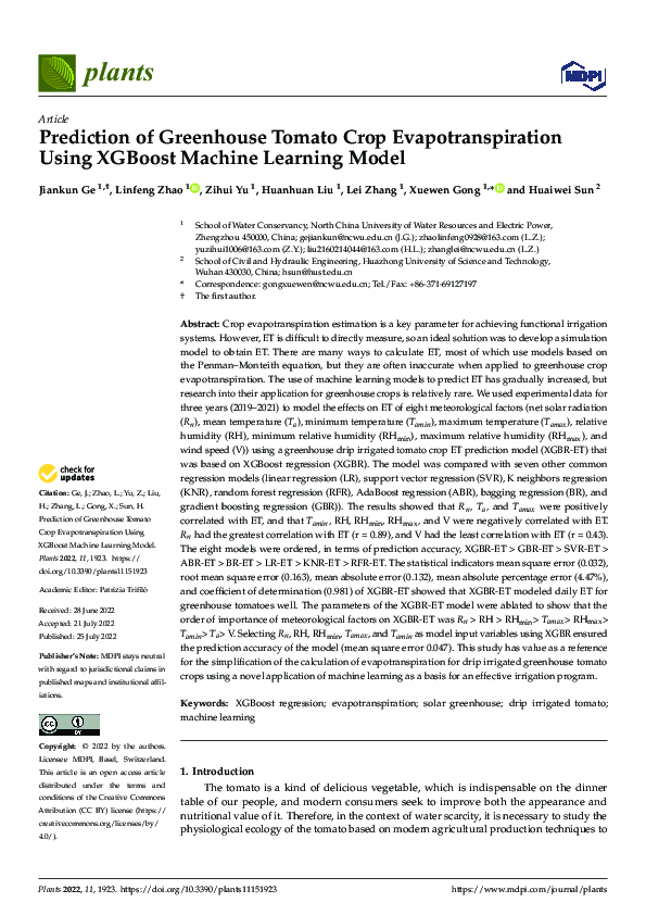 Pdf Prediction Of Greenhouse Tomato Crop Evapotranspiration Using Xgboost Machine Learning Model
