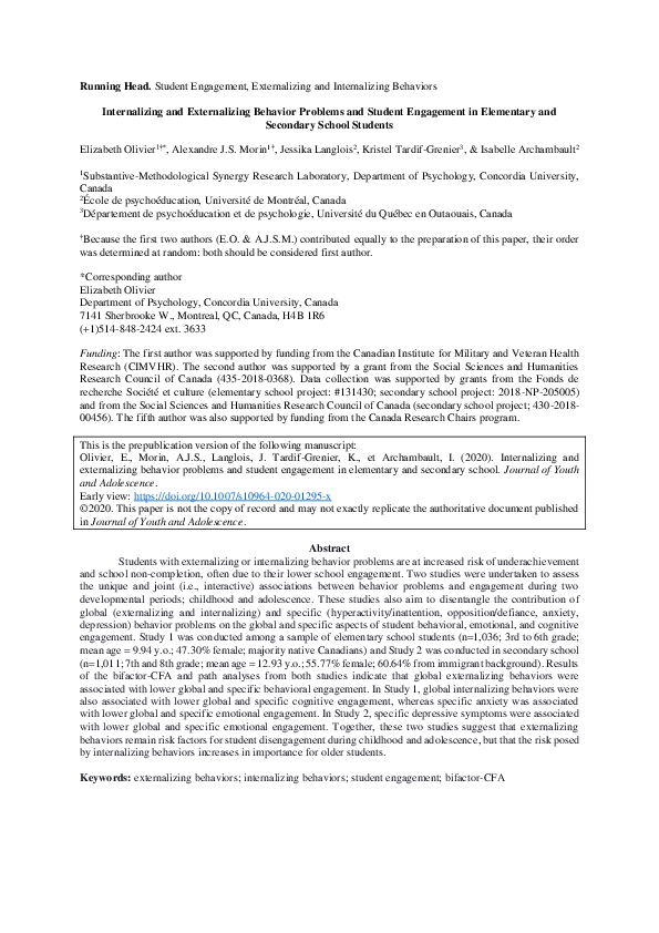 (PDF) Running Head. Student Engagement, Externalizing and Internalizing ...