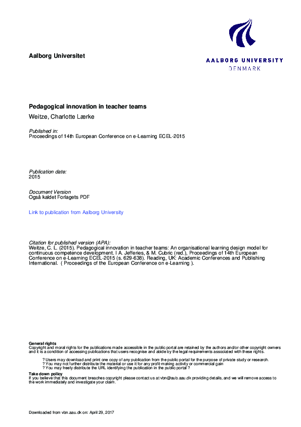 (PDF) Pedagogical innovation in teacher teams:An organisational learning design model for ...