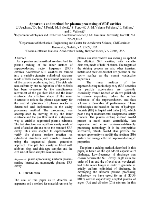 (PDF) Apparatus and method for plasma processing of SRF cavities | Anne ...