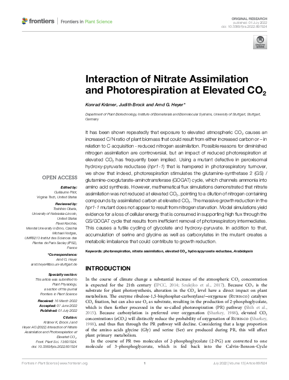 (PDF) Interaction of Nitrate Assimilation and Photorespiration at Elevated CO2 | Konrad Krämer ...