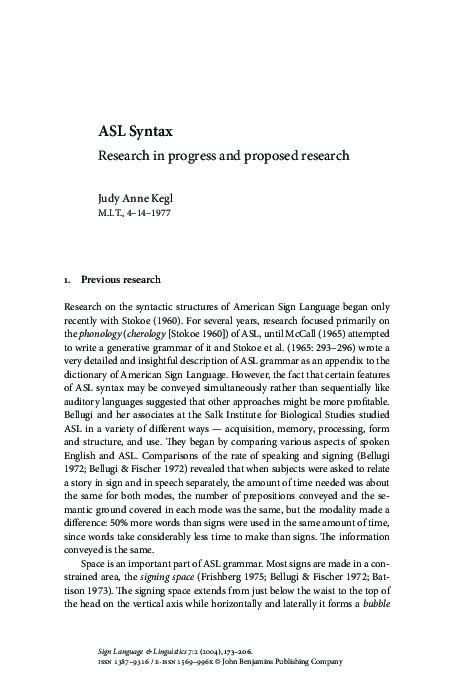 (PDF) ASL Syntax: research in progress and proposed research: Author's ...
