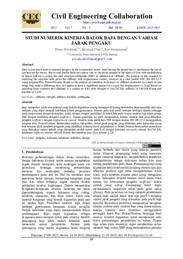 (PDF) Studi Numerik Kinerja Balok Baja Dengan Variasi Jarak Pengaku ...