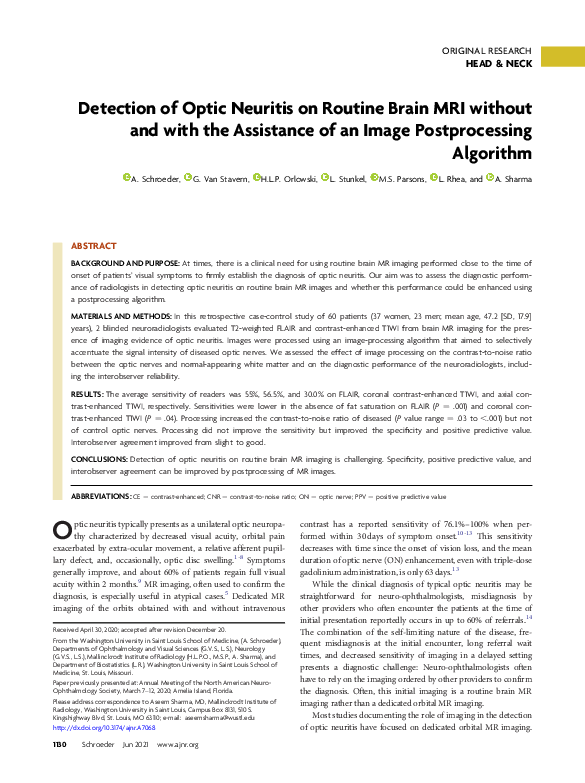 (PDF) Detection of Optic Neuritis on Routine Brain MRI without and with ...