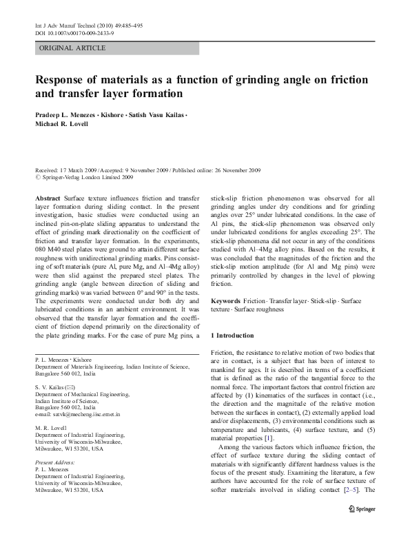 Pdf Response Of Materials As A Function Of Grinding Angle On Friction And Transfer Layer Formation