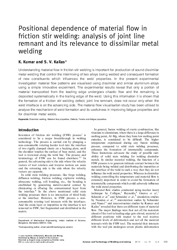 (PDF) Positional dependence of material flow in friction stir welding: analysis of joint line ...