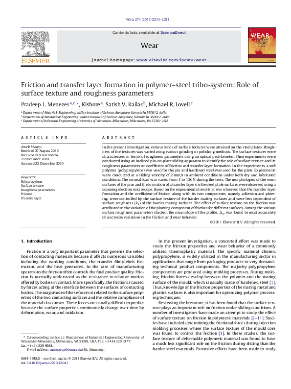 (PDF) Friction and transfer layer formation in polymer–steel tribo-system: Role of surface ...