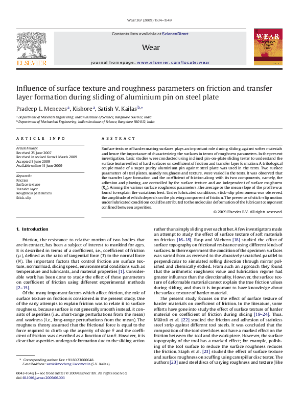 Pdf Influence Of Surface Texture And Roughness Parameters On Friction And Transfer Layer