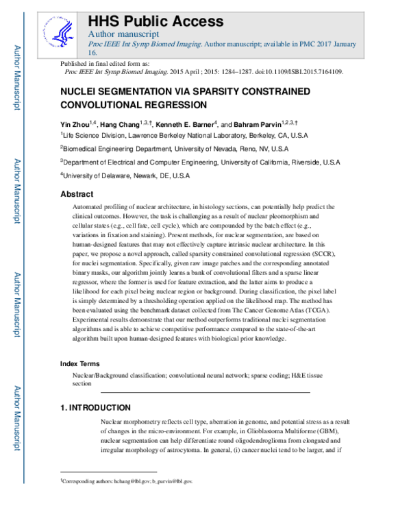 (PDF) Nuclei segmentation via sparsity constrained convolutional regression