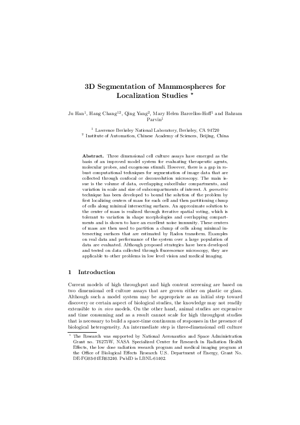 (PDF) 3D Segmentation of Mammospheres for Localization Studies | Bahram ...