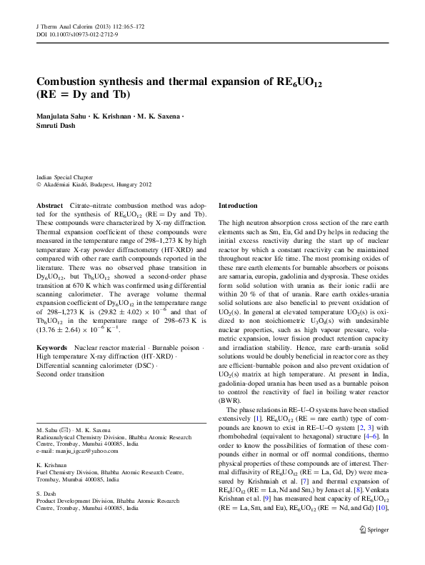 (PDF) Combustion synthesis and thermal expansion of RE6UO12 (RE = Dy and Tb)