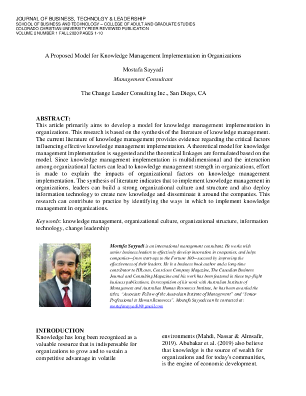 (PDF) Proposed Model for Knowledge Management Implementation in Organizations