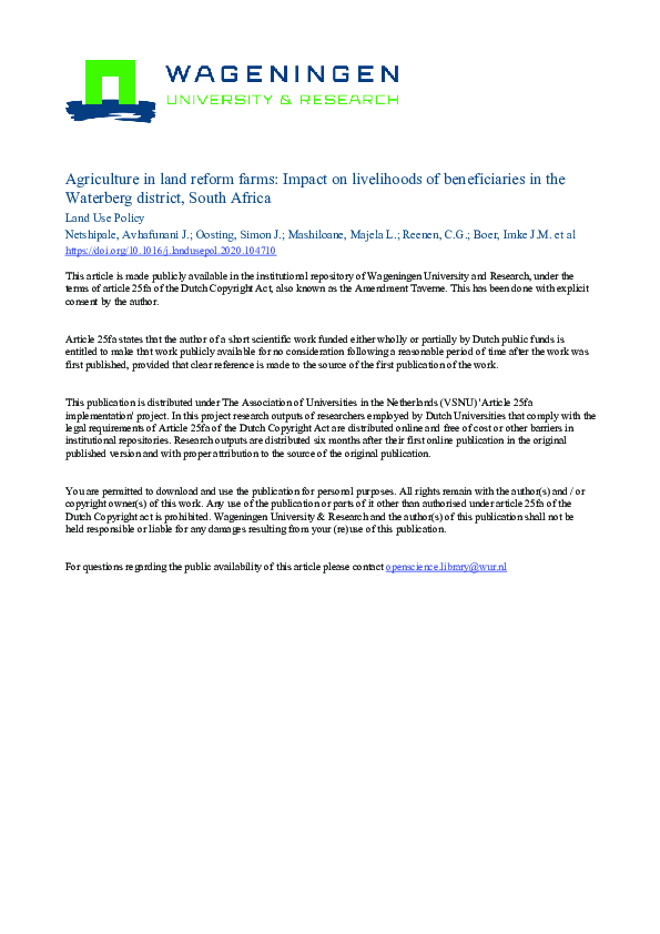 Pdf Agriculture In Land Reform Farms Impact On Livelihoods Of