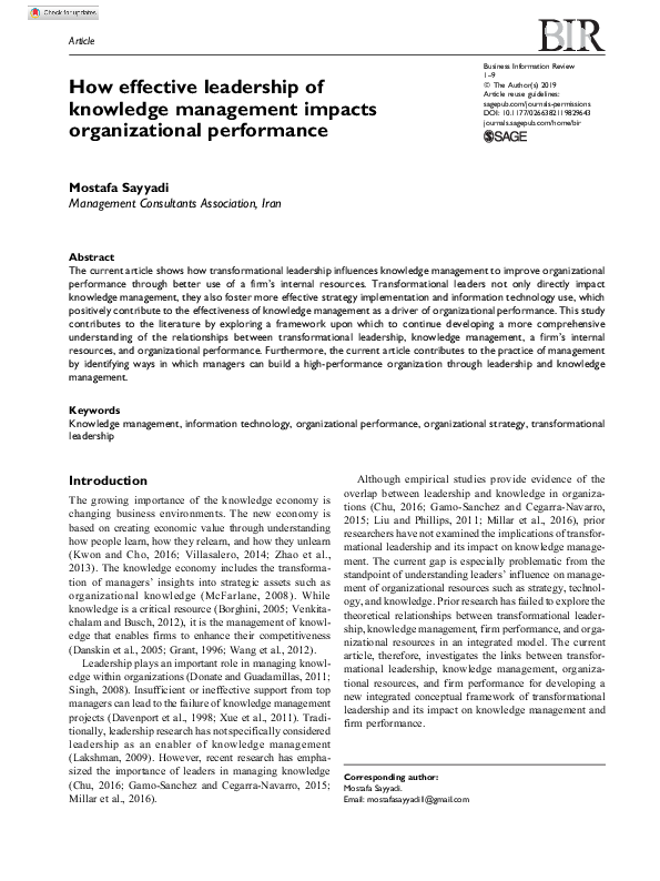 (PDF) How effective leadership of knowledge management impacts organizational performance