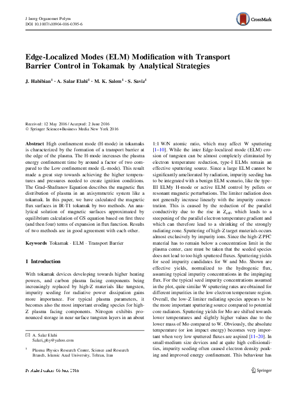Pdf Edge Localized Modes Elm Modification With Transport Barrier Control In Tokamak By