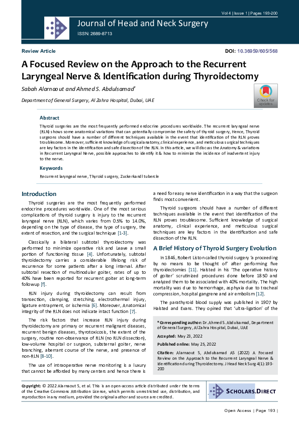 (PDF) A Focused Review on the Approach to the Recurrent Laryngeal Nerve ...