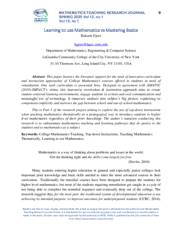 (PDF) Learning to use Mathematics vs Mastering Basics