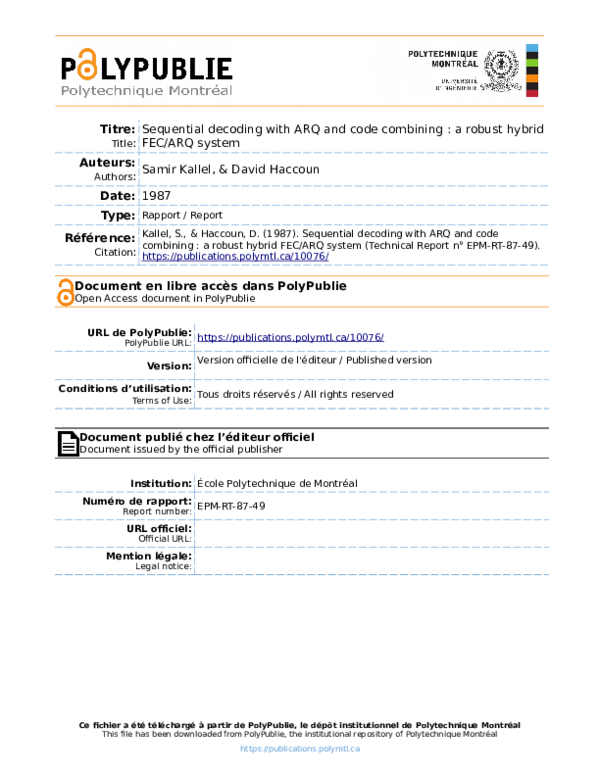 (PDF) Sequential decoding with ARQ and code combining: a robust hybrid FEC/ARQ system