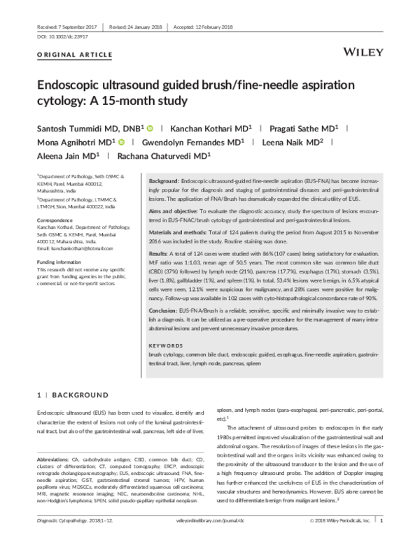 (PDF) Endoscopic ultrasound guided brush/fine-needle aspiration cytology: A 15-month study
