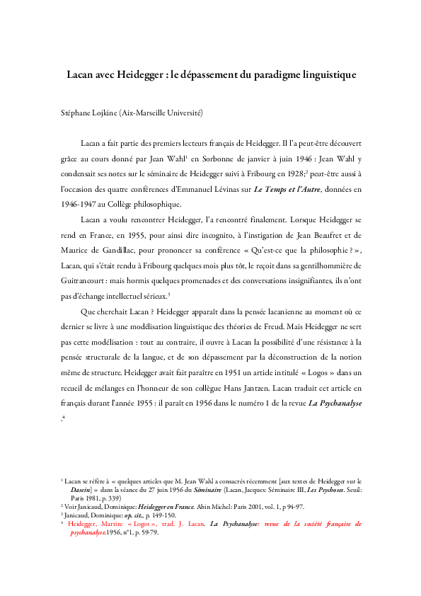 (PDF) Lacan avec Heidegger : le dépassement du paradigme linguistique