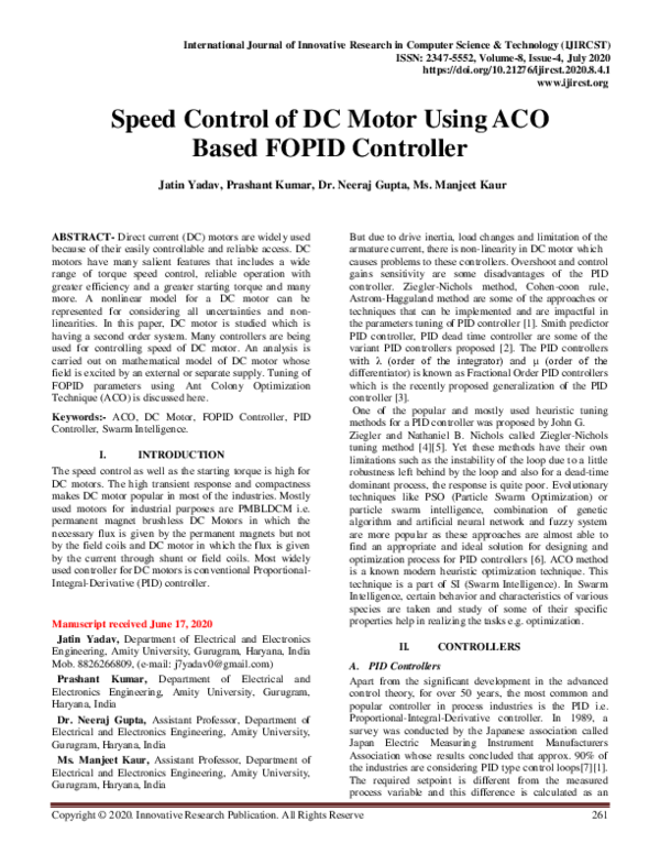Pdf Speed Control Of Dc Motor Using Aco Based Fopid Controller