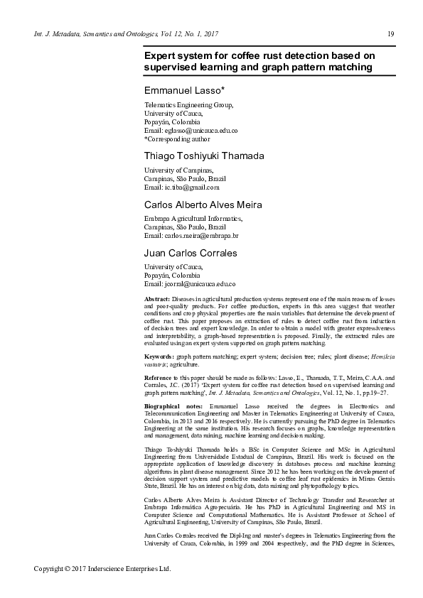 Pdf Expert System For Coffee Rust Detection Based On Supervised