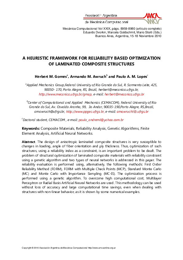Pdf A Heuristic Framework For Reliability Based Optimization Of Laminated Composite Structures