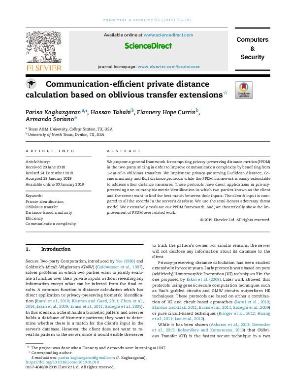 (PDF) Communication-Efficient Private Distance Calculation Based on Oblivious Transfer Extensions