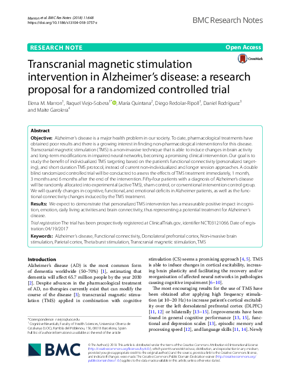 (PDF) Transcranial magnetic stimulation intervention in Alzheimer's disease: a research proposal ...
