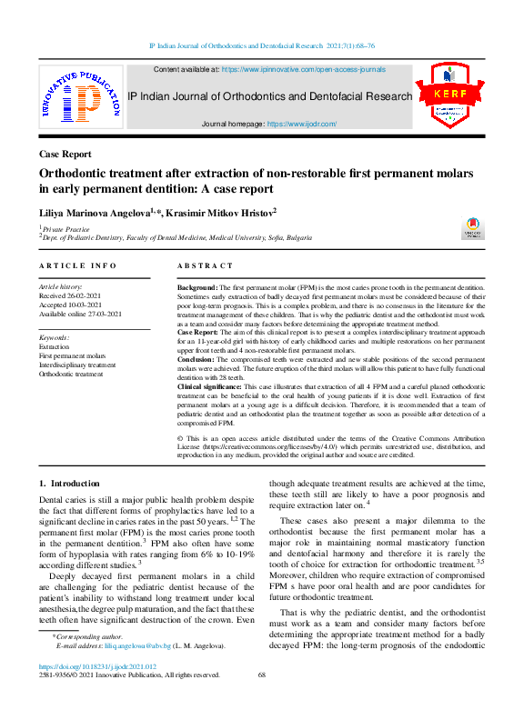 (PDF) Orthodontic treatment after extraction of non-restorable first ...