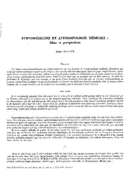 (PDF) Ethnomédecine et anthropologie médicale : bilan et perspectives