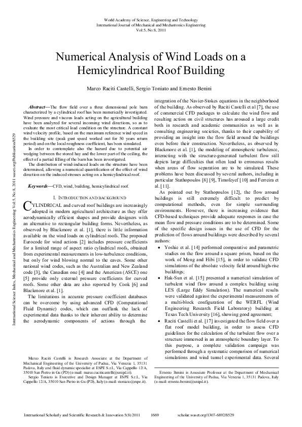 (PDF) Numerical Analysis Of Wind Loads On A Hemicylindrical Roof Building