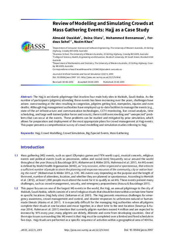 (PDF) Review of Modelling and Simulating Crowds at Mass Gathering Events: Hajj as a Case Study