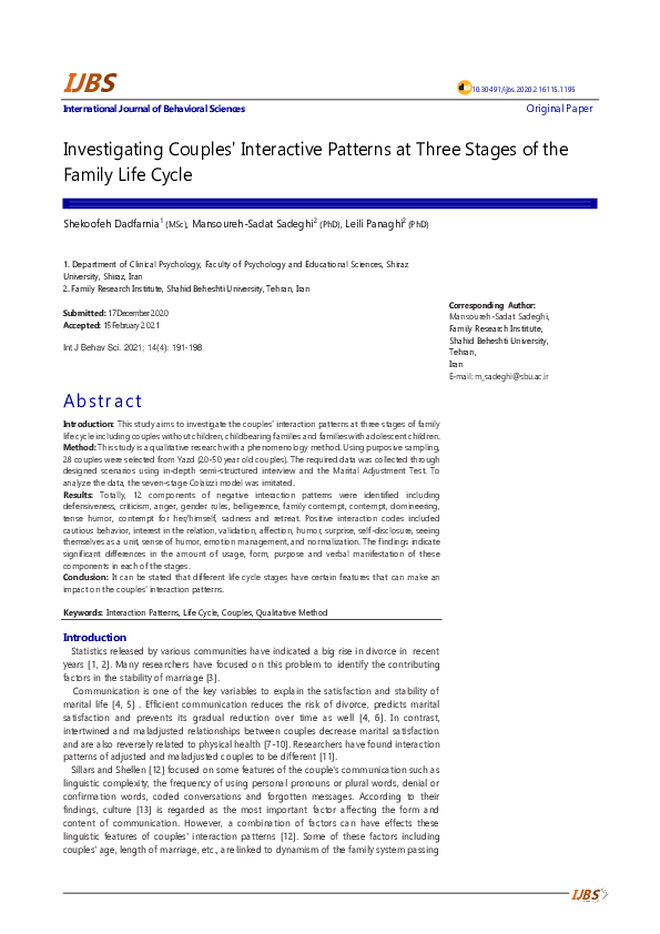 (PDF) Investigating Couples' Interactive Patterns at Three Stages of ...