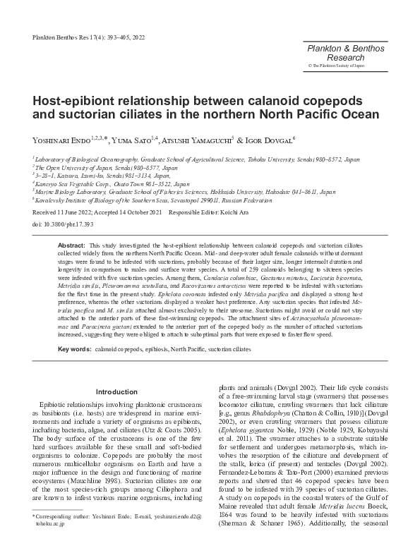 (PDF) Host-epibiont relationship between calanoid copepods and ...
