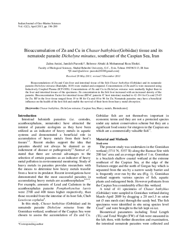 (PDF) Bioaccumulation of Zn and Cu in Chasar bathybius (Gobiidae ...
