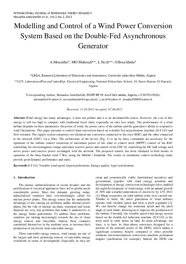 Pdf Modelling And Control Of A Wind Power Conversion System Based On The Double Fed