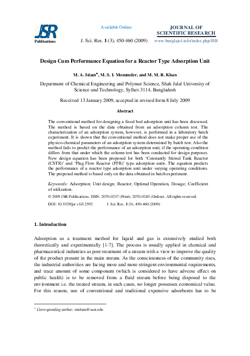 (PDF) Design Cum Performance Equation for a Reactor Type Adsorption Unit