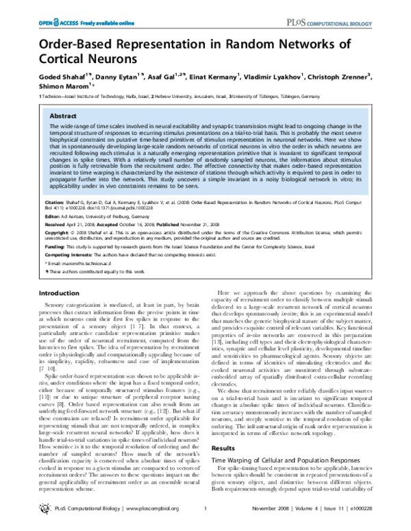 (PDF) Order-Based Representation in Random Networks of Cortical Neurons