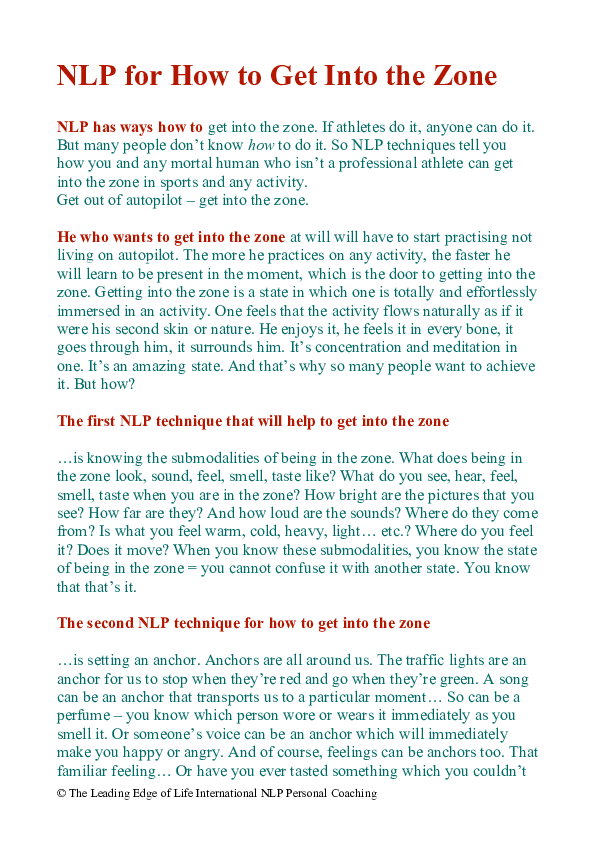 (DOC) NLP for How to Get Into the Zone