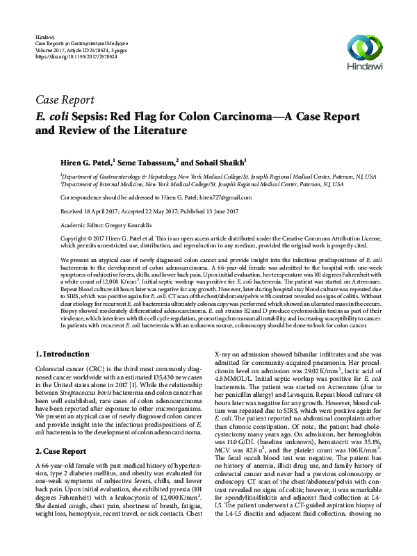 (PDF) E. coli Sepsis: Red Flag for Colon Carcinoma-A Case Report and ...